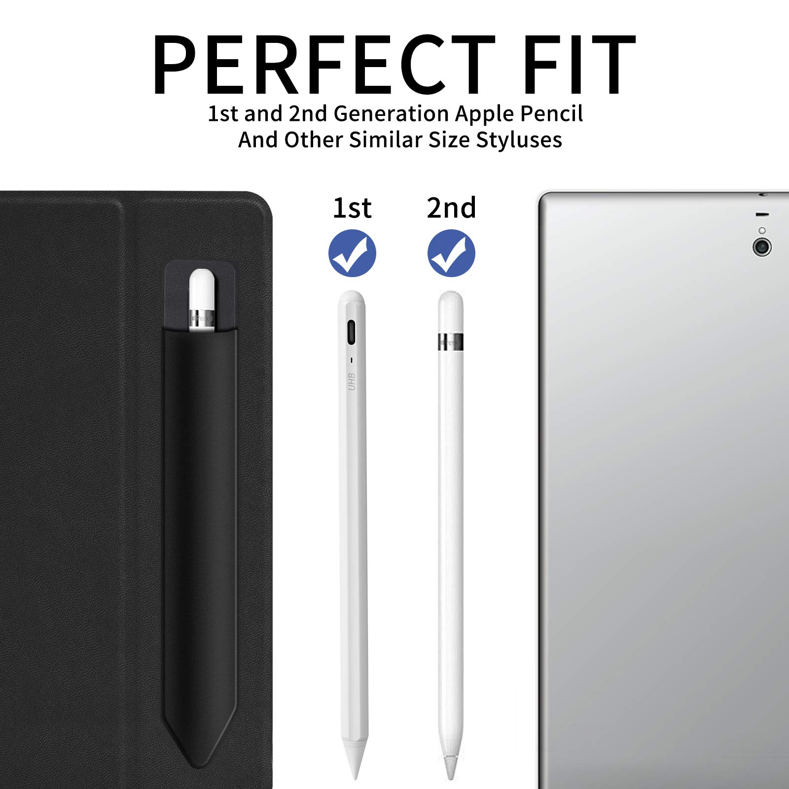 2 Pack Pencil Holder for Apple Pencil 1st 2nd Generation, YUOROS Adhesive Pencil Sleeve for iPad iPad 9th/8th Gen, Tablet Stylus Surface Pen (Black, Black)