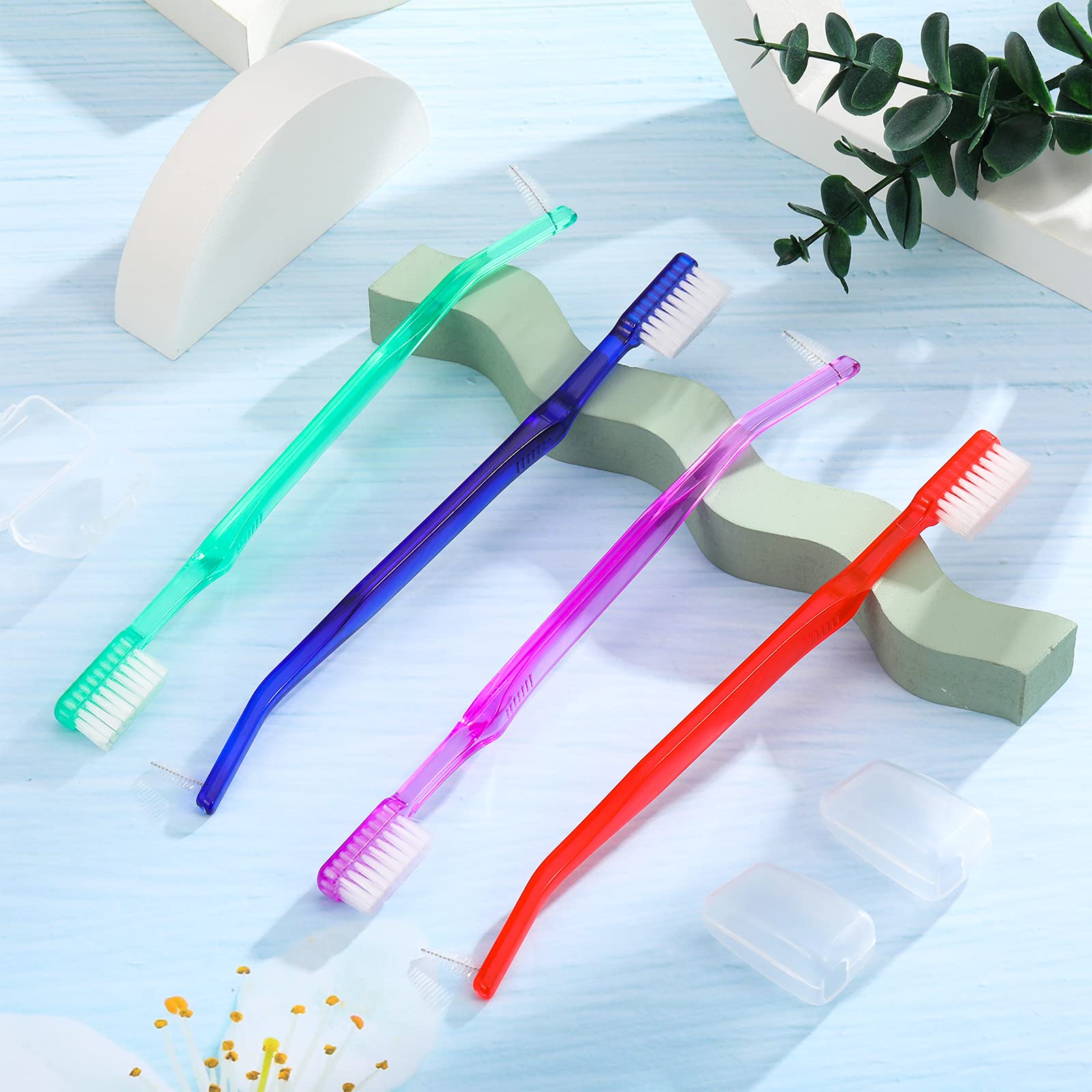 6 Pieces Orthodontic Toothbrush Braces Toothbrush with 6 Pcs Head Protection Cover Double-Ended Interdental Brush V Trim End for Braces Teeth Detail Cleaning 4 Colors