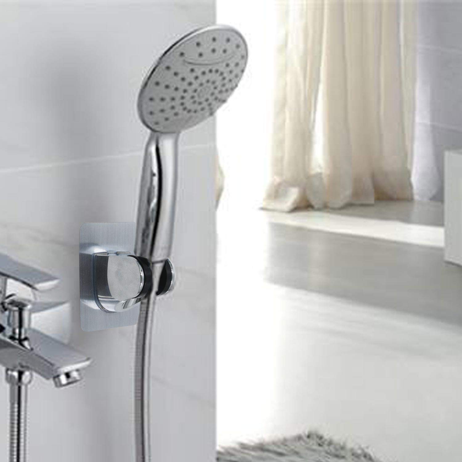 2 pcs Strong Adhesive Chrome Shower Head Holder Adjustable Shower Wand Holder,Handheld Shower Head Wall Mount Bracket Showerhead & Bidet Sprayer Bracket for Bathroom