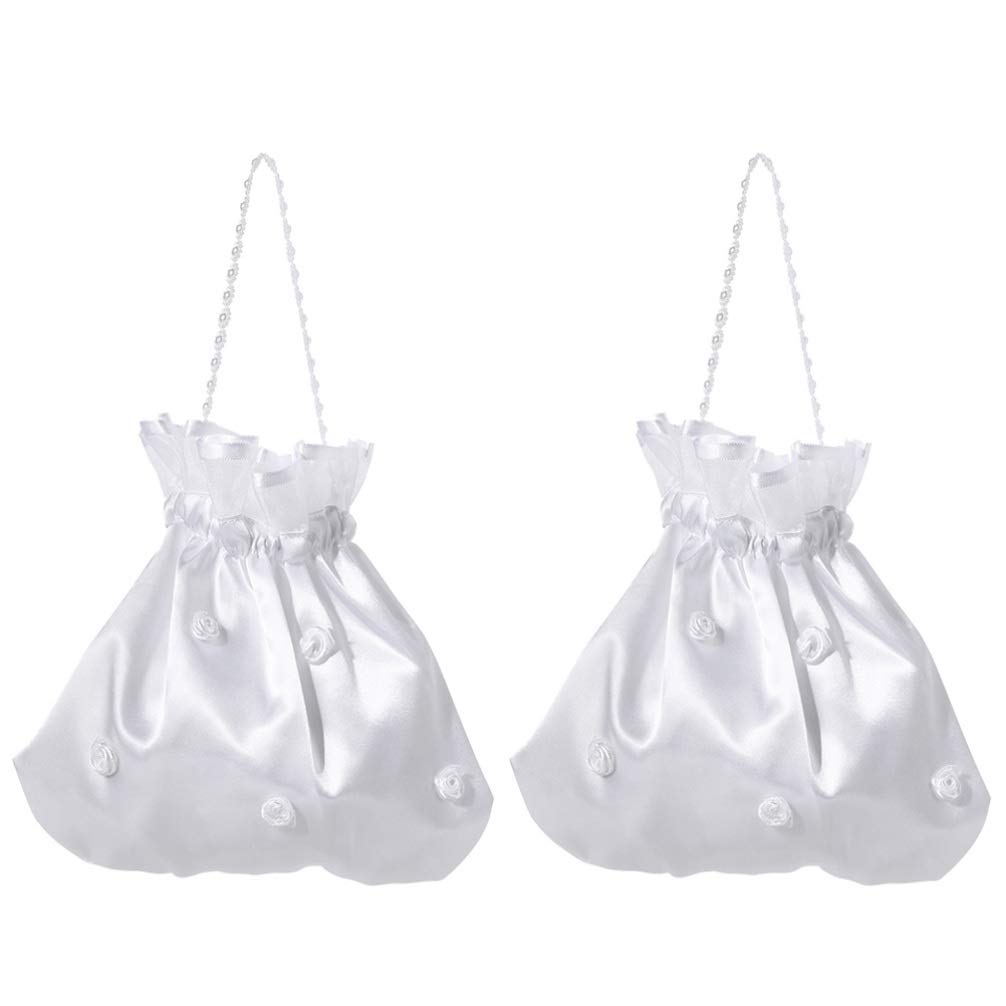 2Pcs Satin Bridal Wedding Money Bag White Bridal Bridesmaid Satin Flower Decorated Bag Handbag with Pearl for Dance Bridal Purse Wedding Supplies