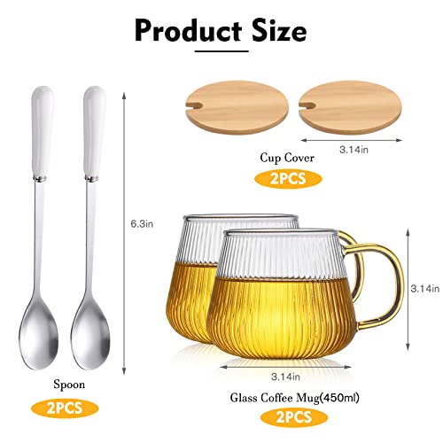 15 Oz Glass Coffee Mugs Set of 2,Glass Coffee Cups with Lids and Spoon,Clear Coffee Mug for Hot Beverages and Cold,Ice Coffee,Tea,Cereal, Milk,Cappuccino,Latte,Dishwasher and Microwave Safe.