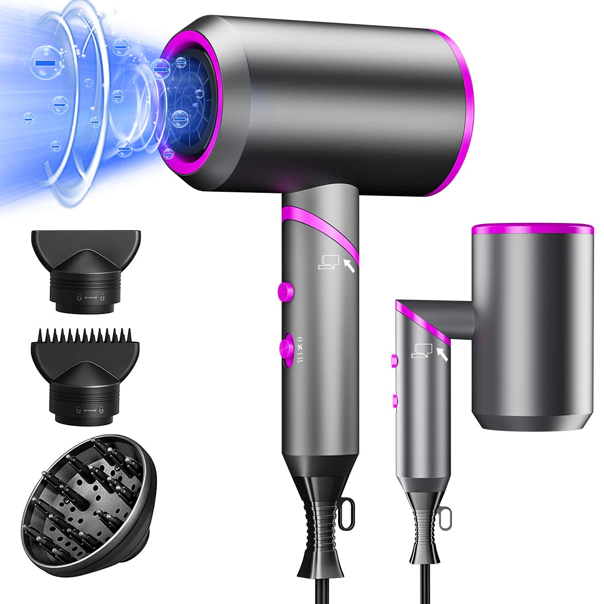 Banral 1800W Ionic Hair Dryer, Grey, Portable, Foldable, 3 Temperature Settings, Overheat Protection, 1 Year Warranty