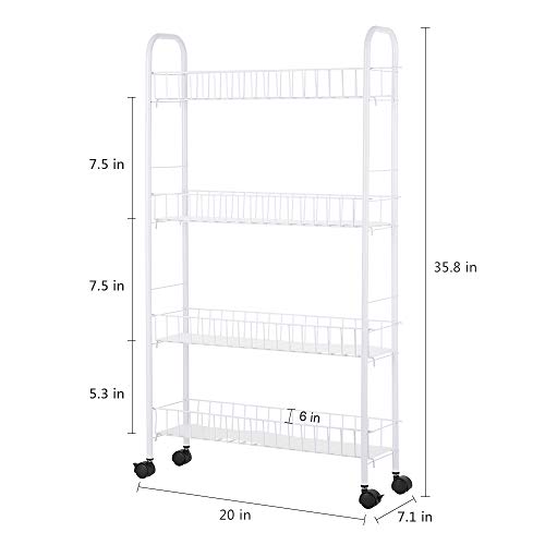 4 Tier Slim Slide Out Storage Rack, Kitchen Gap Shelf with Wheels Storage Basket for Bathroom Home Organizer Storage Shelf for Narrow Spaces, White