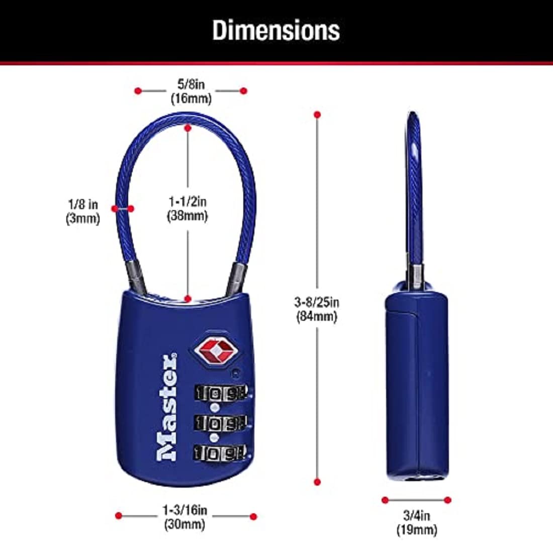 Master Lock Padlock, Set Your Own Combination TSA Locks for Luggage, Travel Zipper Lock with Cable Shackle is 1-3/16 in. Wide, Colors May Vary, 4688T, 2 Count (Pack of 1)