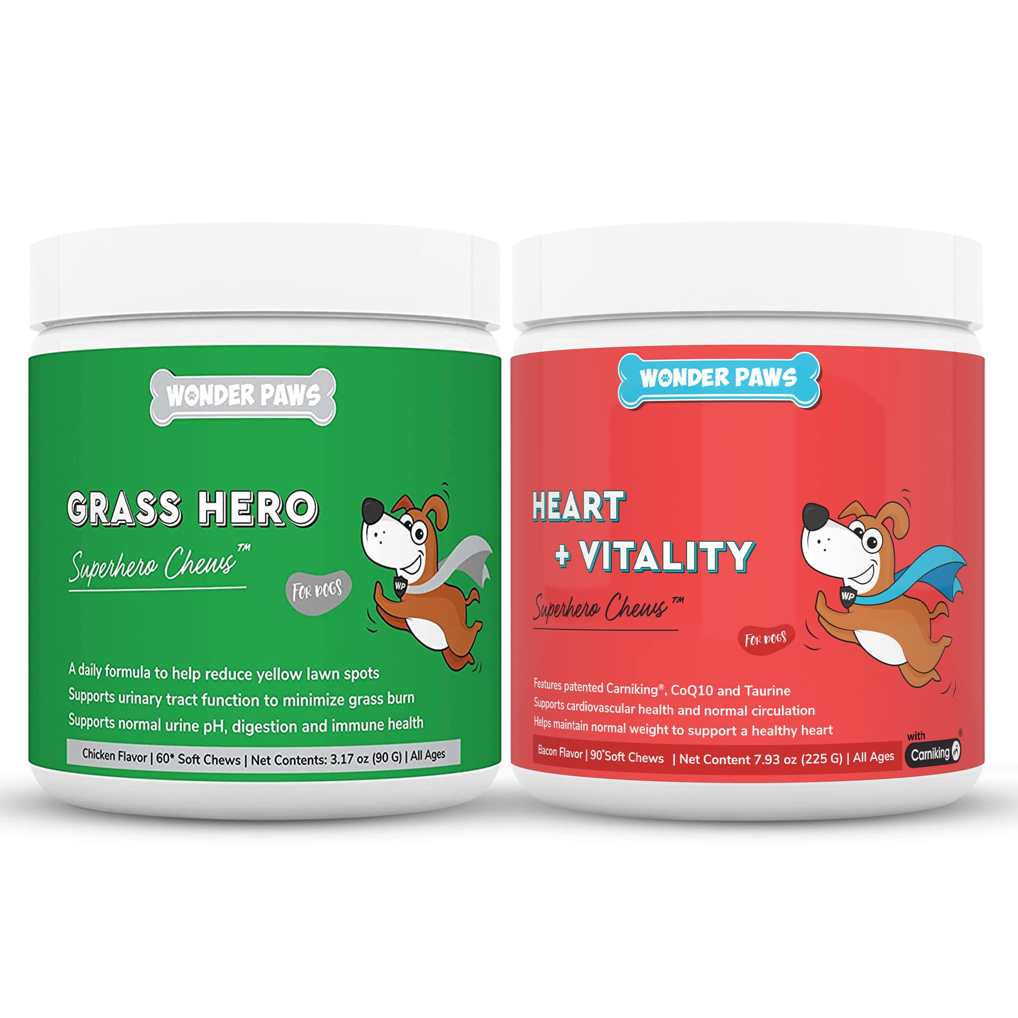 WONDER PAWS Grass Hero Soft Chews Plus Heart + Vitality Chews - for Dogs Urinary Tract Health, Lawn Care, Cardiovascular Support & Energy - Grass Hero 60 Chews - Heart + Vitality 90 Chews
