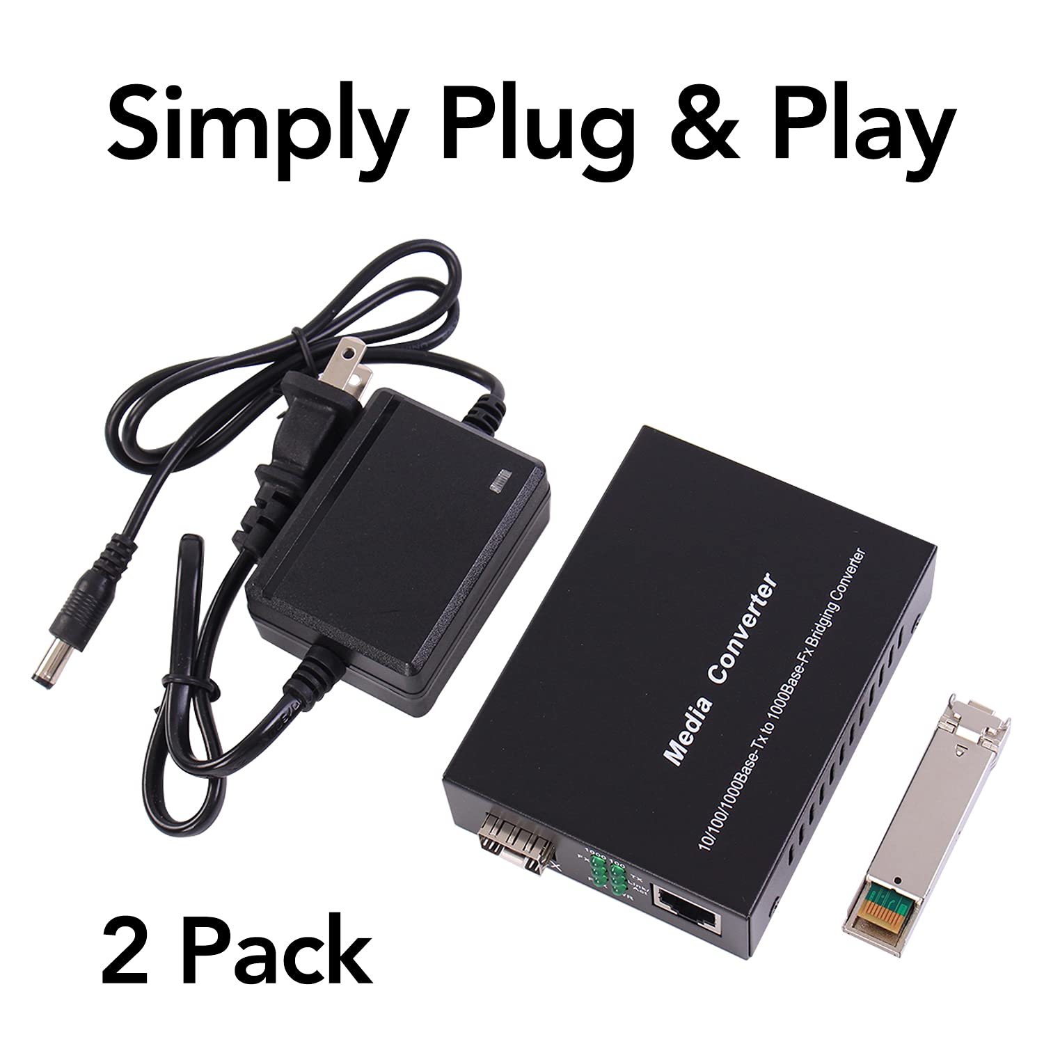 A Pair of 1.25G Gigabit Ethernet Fiber Media Converters with SFP LC Single Core Transceiver Module, Single-Mode LC, SMF RJ45 to SFP Slot up to 30KM, 10/100/1000Base-Tx to 1000Base-SX (2 Pack)