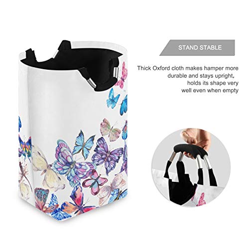 ALAZA Large Laundry Basket Blue & Pink Butterfly Laundry Bag Hamper Collapsible Oxford Cloth Stylish Home Storage Bin with Handles, 22.7 Inch