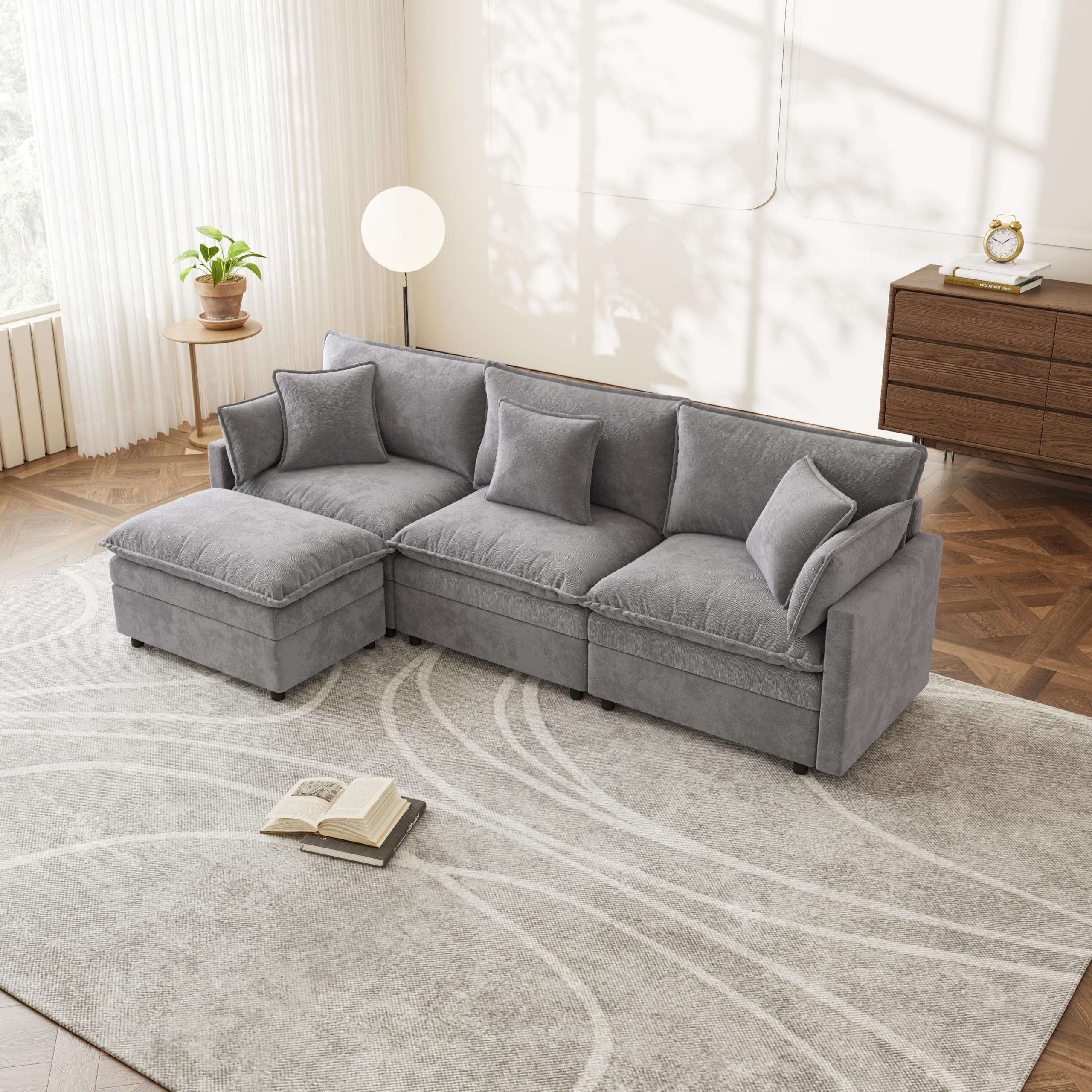 108.66"*53.55" Modern L Shape Sectional Sofa, Luxury Modular Fluffy Comfy Cloud Soft Couch with Chenille Fabrics, Overstuffed Corner Deep Couch with Ottoman for Living Room,Apartment, Office (Pink)