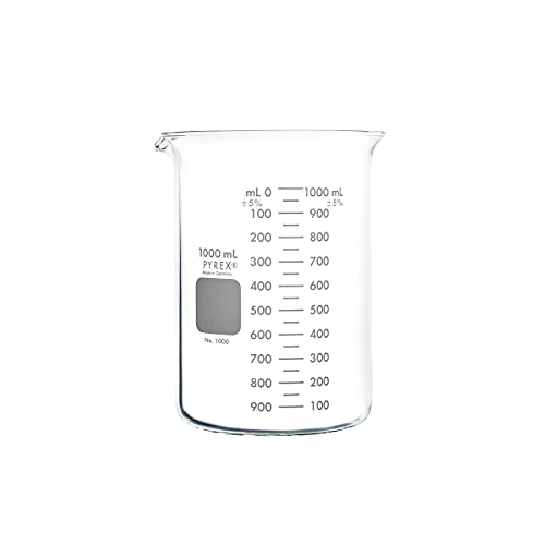 PYREX Griffin Borosilicate Glass Beaker - Low Form Graduated Measuring Beaker with Spout β Premium Scientific Glassware for Laboratories, Classrooms or Home Use - PYREX Chemistry Glassware, 1L, 2/Pk