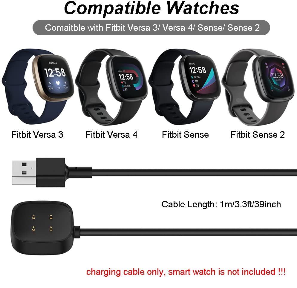 Emilydeals Charger for Fitbit Versa 3/Versa 4/Sense/Sense 2, Replacement Charging Cable Cord for Fitbit Sense/Sense 2/Versa 3/Versa 4 Smart Watch [1m/3.3ft]