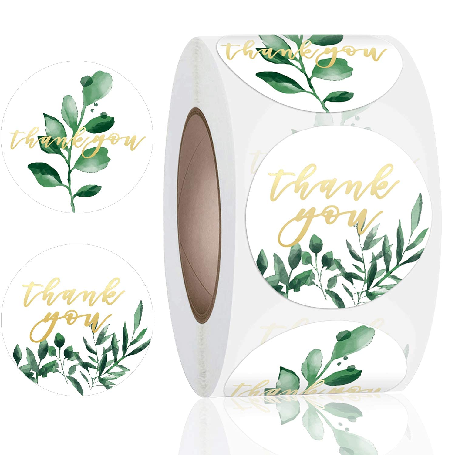 Abeike Thank You Label Sticker 1.5 Round.500 Labels per Roll, Thank You Sticker for Birthday, Wedding, Gift.The Poster Pattern is Two Different Leaves. Golden Font. GreenGold