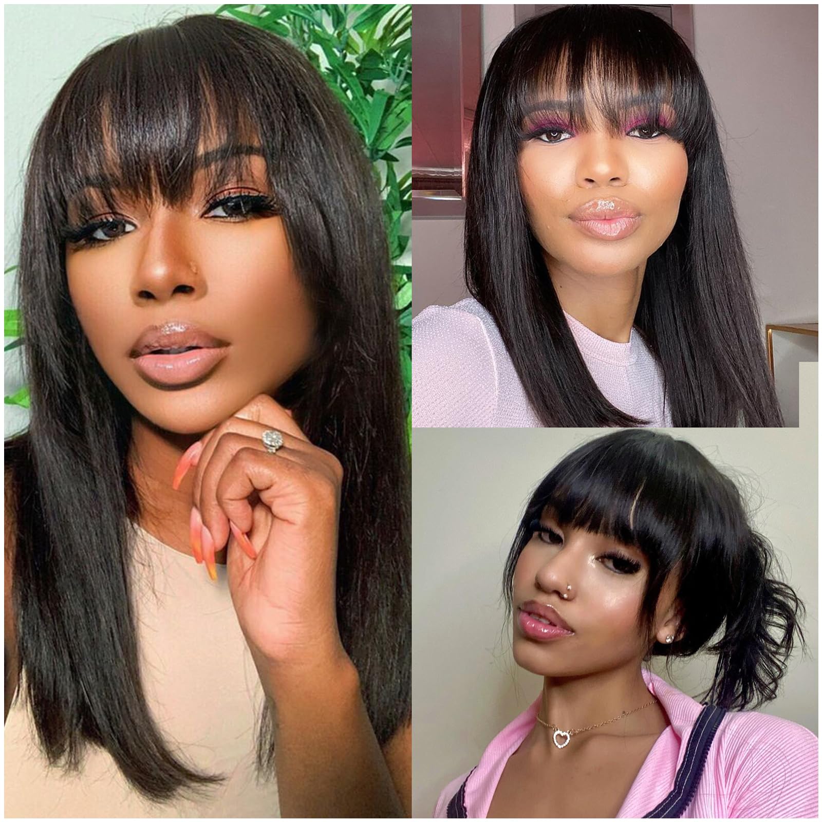 A ALIMICE Black Silky Straight Human Hair Wig with Bangs, 16 Inch, 150% Density, Glueless, 22.5 Inch Cap Size