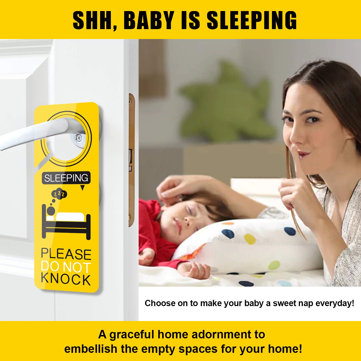 4 Pack Shh Baby Sleeping Door Sign, Dont Ring Doorbell Sign Baby Sleeping Sukh Do Not Knock Or Ring Doorbell Sign PVC Plastic