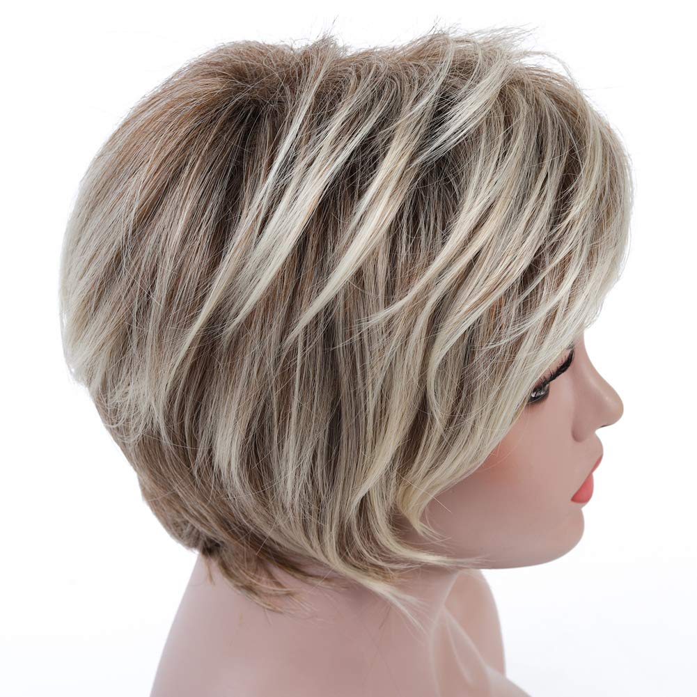 Junbeauty Brown Mixed Blonde Short Layer Nature Curly with Bangs Synthetic Wig Heat Resistant Weave Full Wigs for Women
