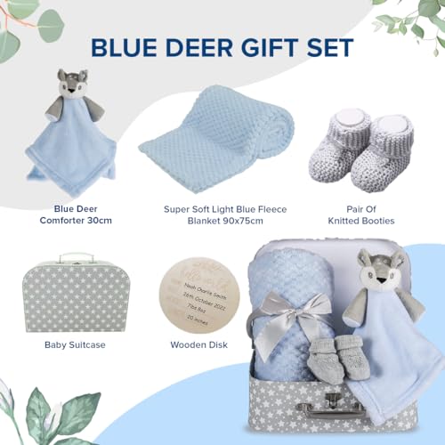 Baby Boy Gift Set New Born Baby Gift Baby Blue Deer Fawn Security Blanket Soft Fleece, Suitcase Keepsake Box Blanket Booties & Baby Gift Basket – Unique Present for Baby Shower & Newborn Lovey Welcome
