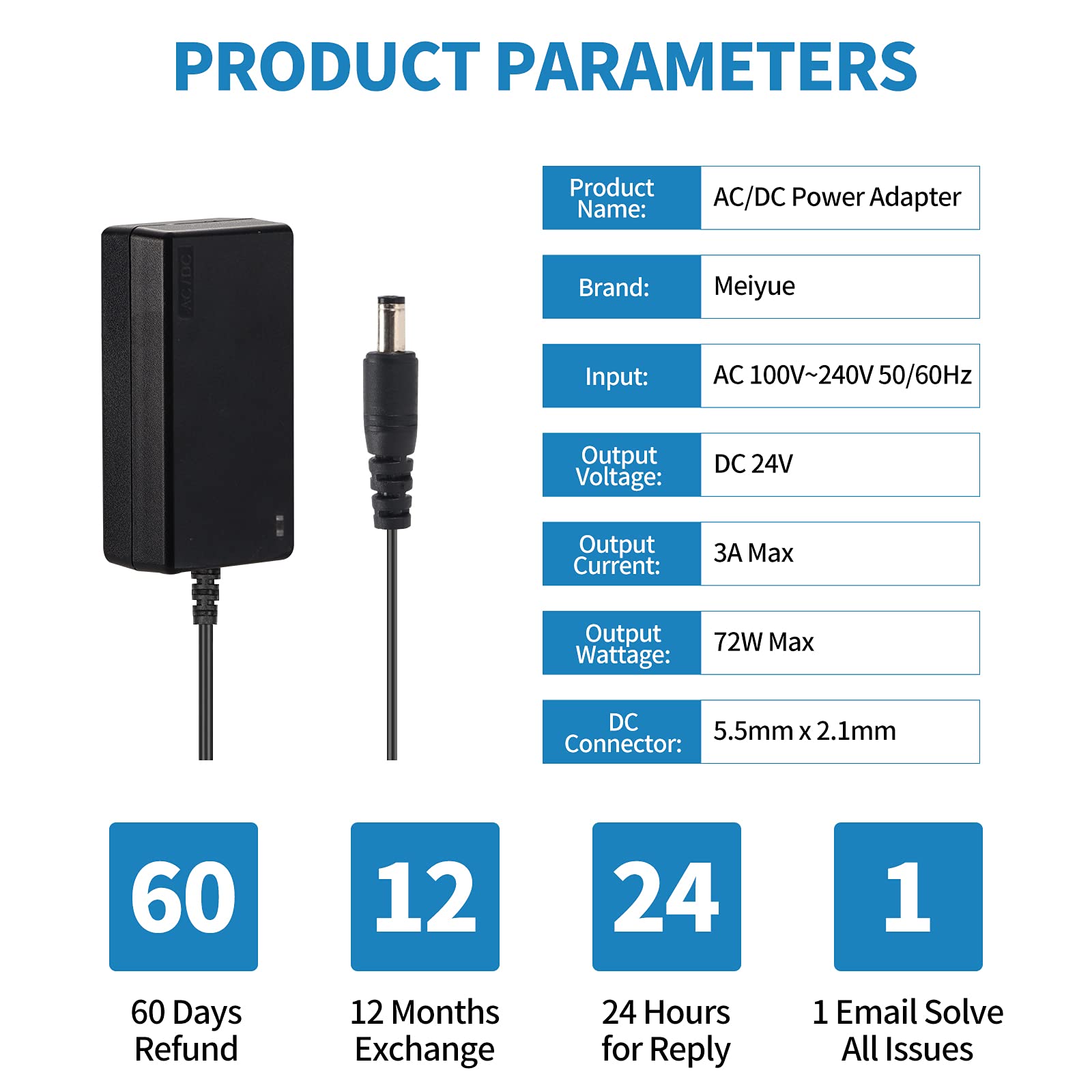 24V 3A Power Supply Adapter,100-240V AC to DC 24Volt 3A 72W Power AC/DC Adapter 5.5mm x 2.1mm DC Output Jack DC Power Supply Wall Plug for 5050 3528 LED Strip Light LED Driver CCTV Security System