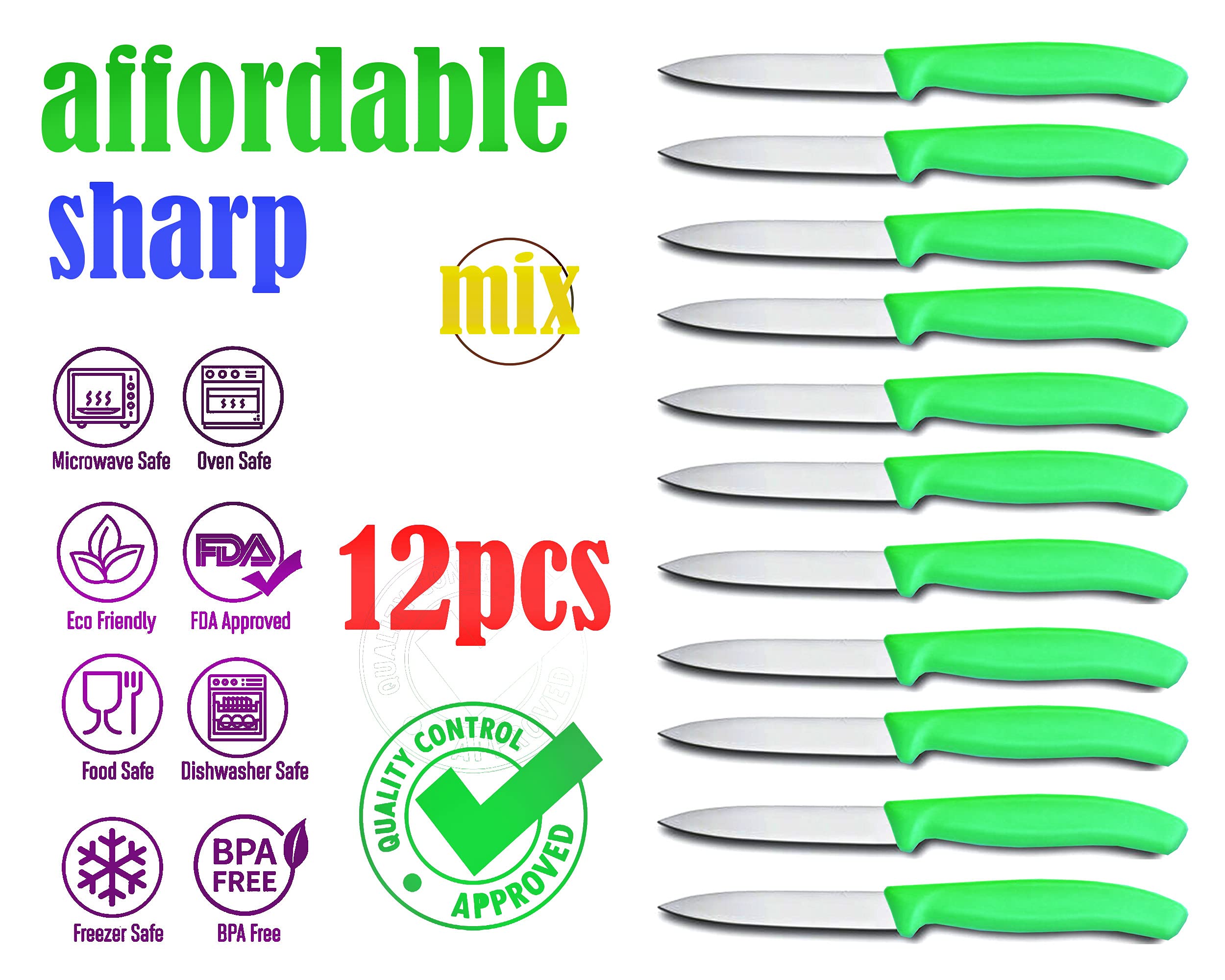 KitchenGear 12 Pcs Fruit Paring Knives - Knife Set of 12 - Small Kitchen Fruit Slicing Peeling Vegetable Tomato Knife 3.2" Inch Utility Small Straight Edge Spear Point - Best Gift Set