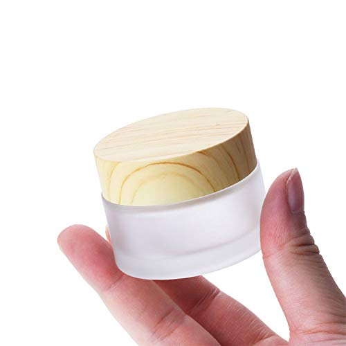5 Pack 5g/10g/15g/30g/50g Frosted Glass Cream Jar,Empty Makeup Cosmetics Container Jar Pot With Wood Grain Lid for Face Cream Cosmetic Eye Shadow-FREE 5 Plastic Pick Stick