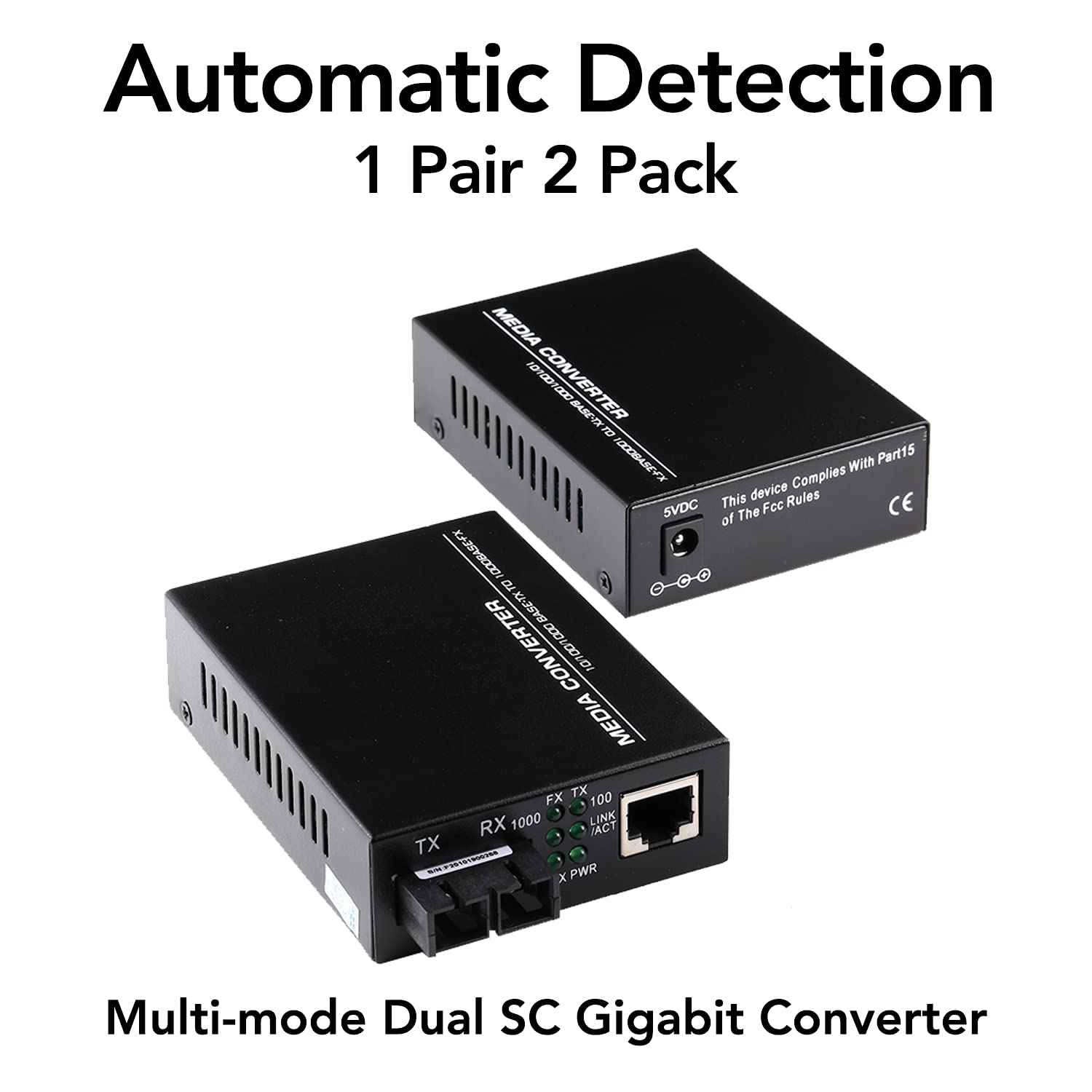 A Pair 2 Pack Multi-Mode Dual SC Fiber Gigabit Fast Ethernet Media Converter, Mini 1x 10/100/1000Base-T RJ45 to 1000Base-SC Slot Converter Transceiver, up to 2KM 850-1310-nm, AC 100V~240V
