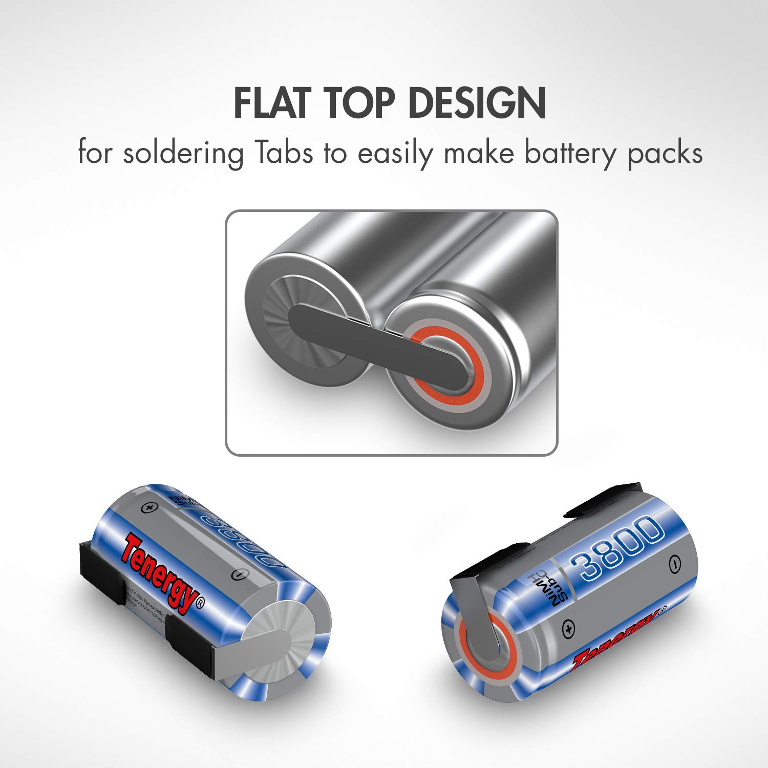 Tenergy NiMH SubC 1.2V 3800mAh Rechargeable Batteries, with Tabs, 10 Pack