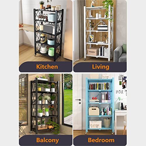 4-Shelf Foldable Storage Shelves with Wheels, Metal Shelves Heavy Duty Large Capacity Storage Shelving Unit, No Assembly, for Garage Kitchen, Warehouse, Closet, Basement and Pantry (White, 4 Tier)