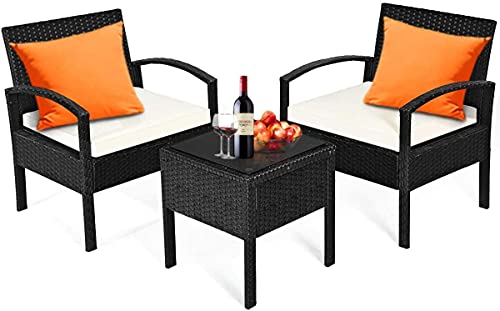 HAPPYGRILL 3pcs Patio Conversation Set Outdoor Wicker Furniture Set Rattan Table & Chairs Set with Seat Cushions, Modern Bistro Set with Coffee Table for Garden Balcony Backyard