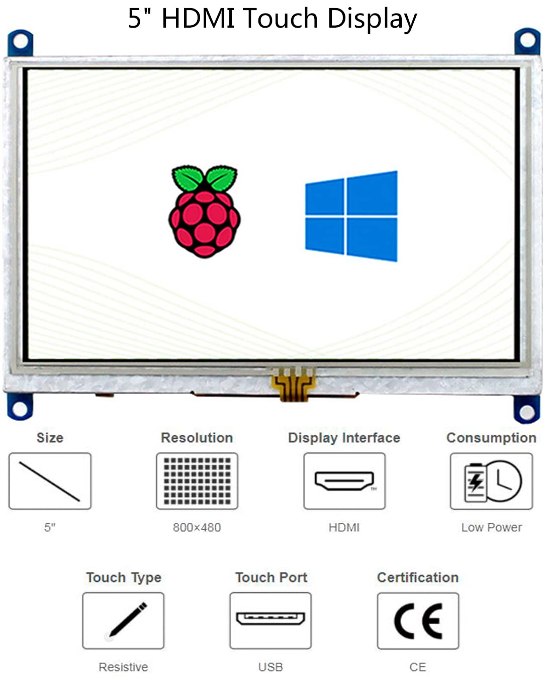 waveshare 5inch HDMI LCD Resistive Touch Screen LCD (B), 800x480 Resolution, Support All Versions of Raspberry Pi,Windows 10/8.1/8/7, BB Black, as Well as General Desktop Computers
