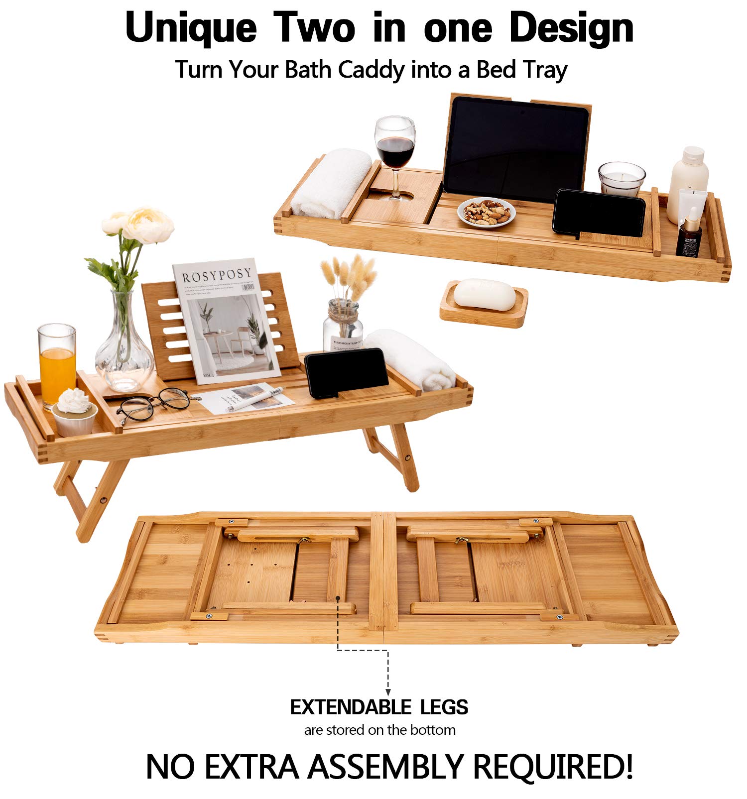 HBlife Bamboo Bathtub Caddy Tray with Extending Sides & Laptop Desk with Foldable Legs,Cellphone Tray and Wineglass Holder,Free Soap Holder (Natural)