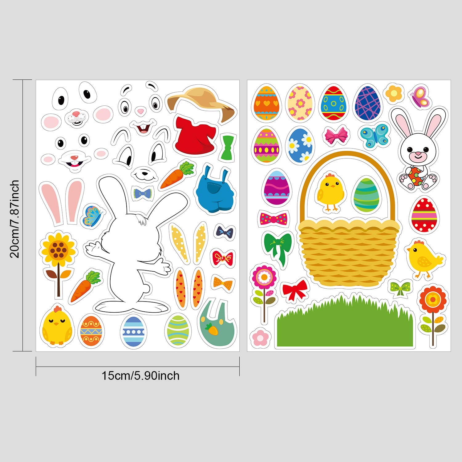 24 Easter Stickers Kids Crafts Make-A-Bunny Stickers, Rabbits Eggs Baskets Sticker Game Easter Stickers for Easter Theme Party Decoration Supplies Favors Fun Craft Project