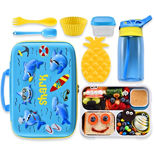 COO&KOO Shark Lunch Bag Lunch Box Set, Include 3D Insulated Cooler Bag & Leakproof Water Bottle Pineapple Ice Pack Multipurpose Spork Spoon Silicone Cups Salad Box, Great for School Girls or Boys