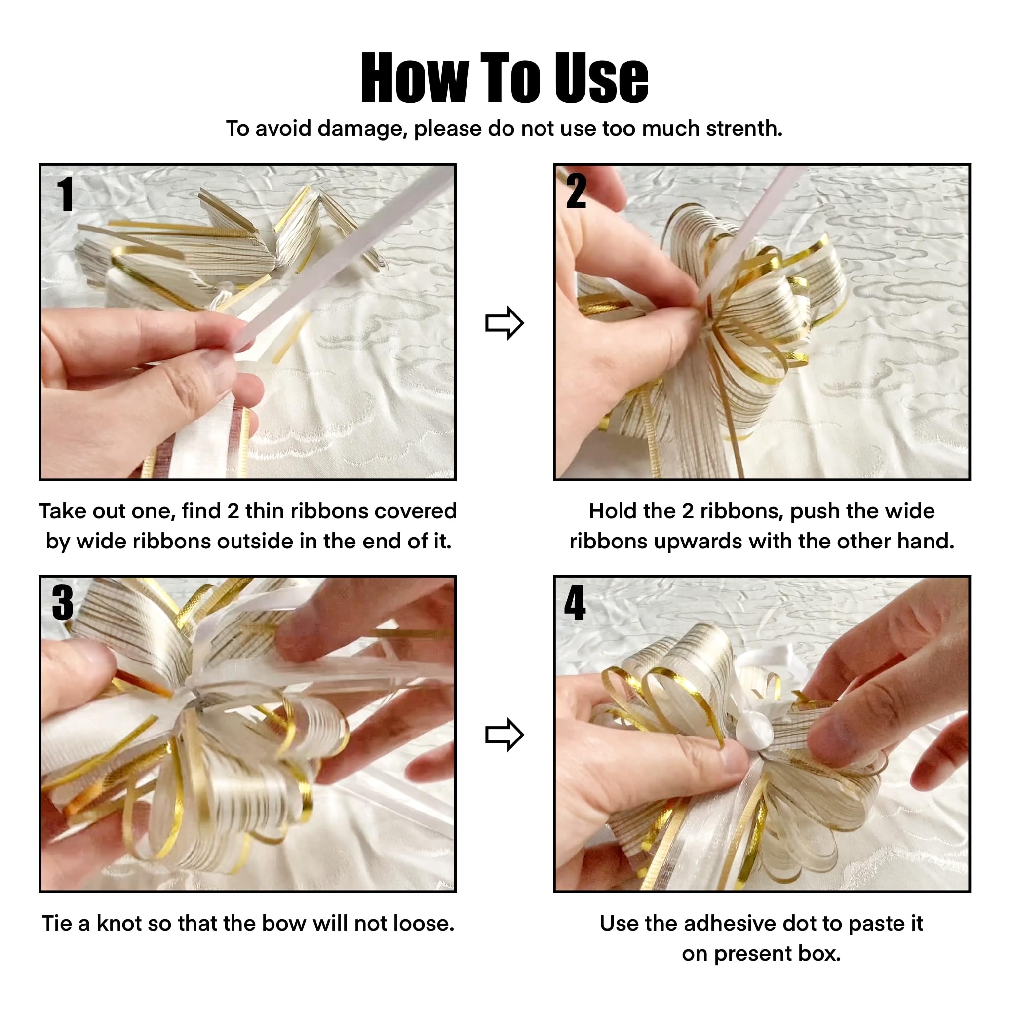 10PCS Gold Gift Bow for Gift Wrapping, 4 Inches Tree Bark Vein Grid Pattern Pull Bow, Flower Decoration for Christmas Presents and Basket, for Holiday Package Birthday(Gold)