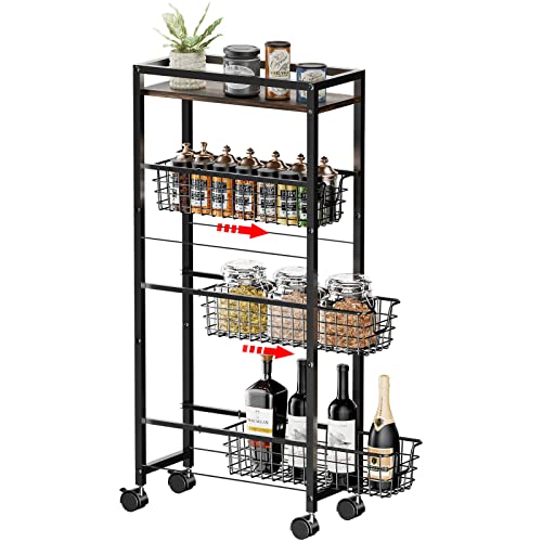 4-Tier Slim Storage Cart with Wheels,Rolling Utility Cart with Slide-Out Wire Baskets & Wooden Tabletop,Mobile Shelving Unit Storage Organizer,Narrow Rolling Storage for Kitchen Bathroom Laundry Room