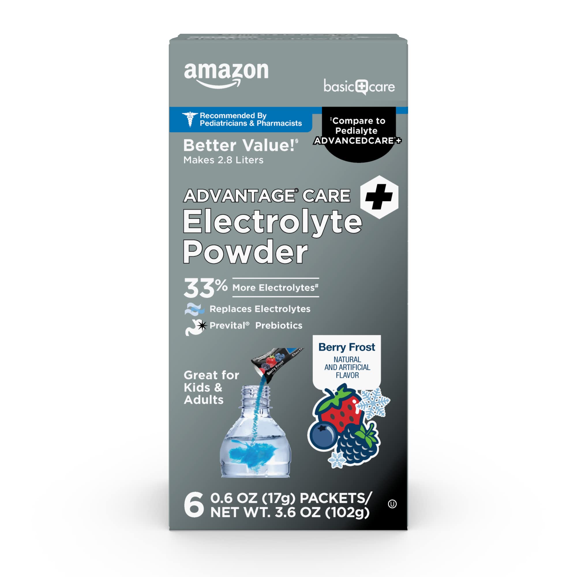 Amazon Basic Care Advantage Care Electrolyte Powder Packets for Rehydration, Berry Frost, 6 Count