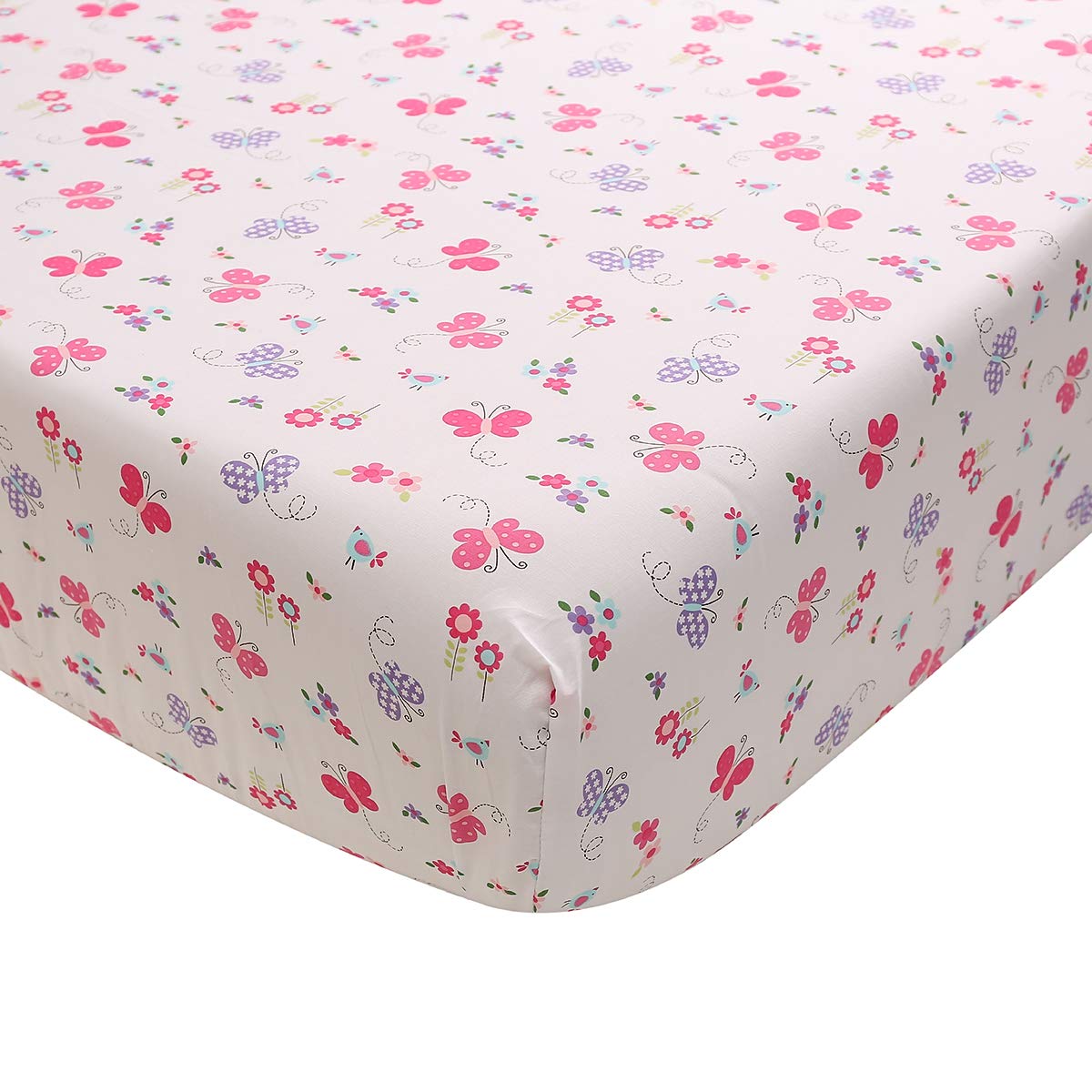 5 PCs Pink Owl Birds Butterfly Nursery Crib Bedding Set Blush Pink Floral Baby Girl Cot Bedding Set Quilt, Fitted Sheet, Skirt, Diaper Storage Bag, Window Valance