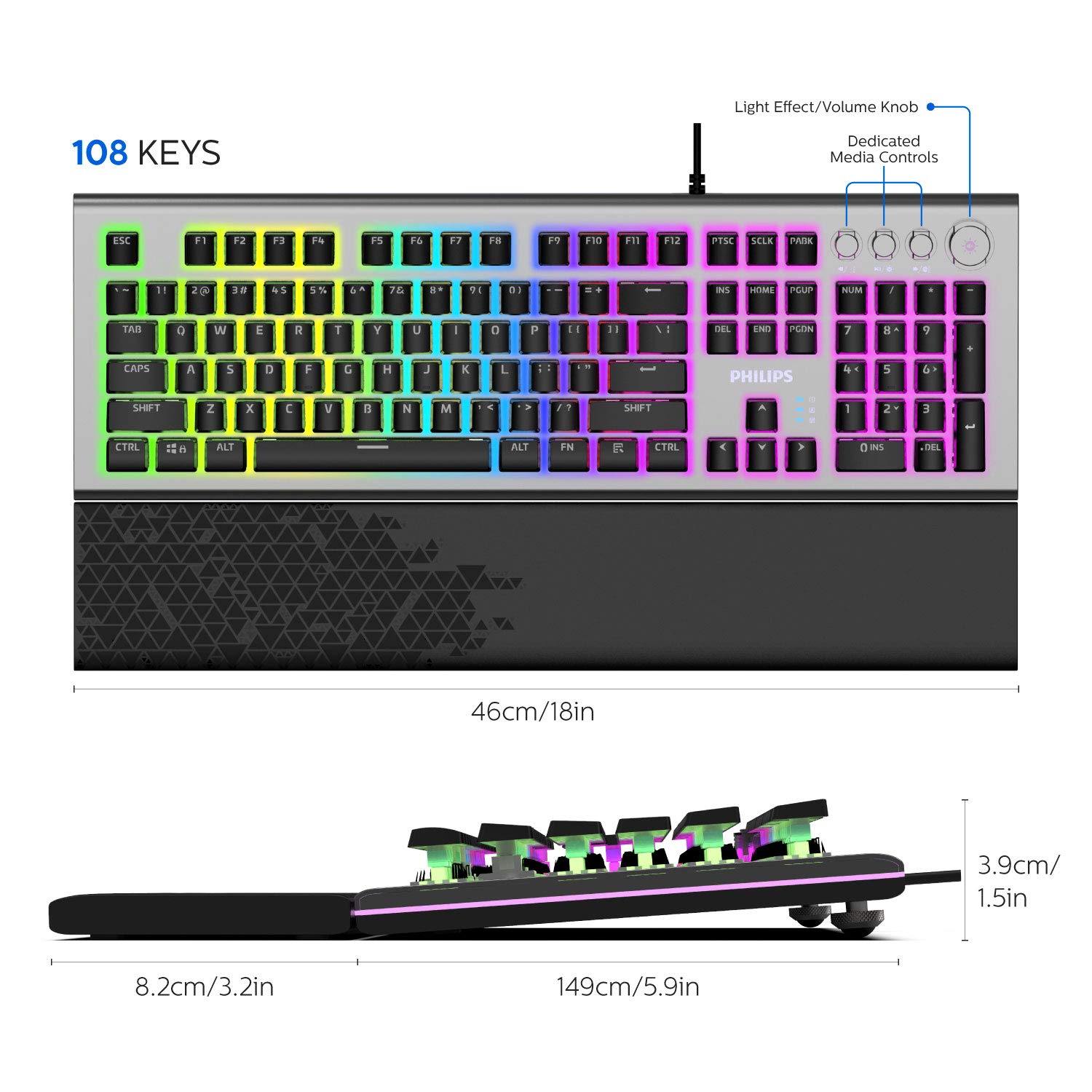 PHILIPS Wired Gaming Keyboard with Palm Rest | LED RGB Mechanical Keyboard w/Custom Cyan Crystal Switches, 38-Key Aliasing, Multimedia Control Dials | 20 Light FX, Custom Light Maps (SPK8624)