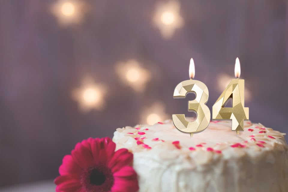 2 inch Gold 34 Birthday Candles, 3D Diamond Number 34th Cake Topper for Boys Girls Birthday Party Decorations Theme Party