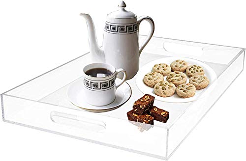 Durable Acrylic Tray Breakfast Serving Tray - 5MM Thick Big Rectangular Waterproof Acrylic Serving Platter with Handles for Coffee, Tea, Food -Elegant Acrylic Decorative Tray (Clear Tray-16''x12'')