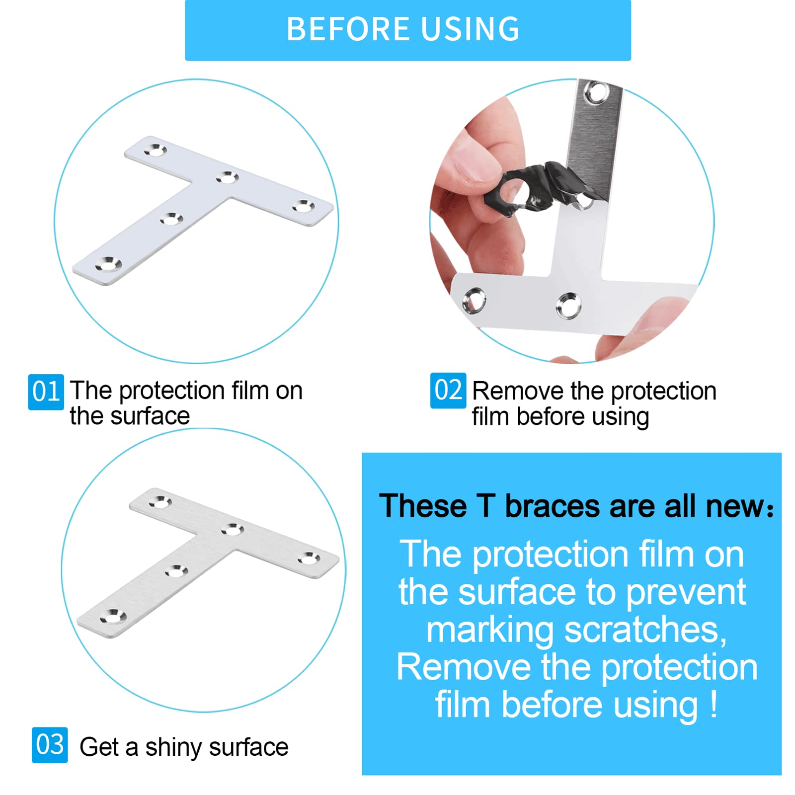 12 Pieces Stainless Steel T Brackets (3.1 x 3.1 inch,80 x 80 mm) Flat Corner Braces, Corner Brackets Joint Right Angle Bracket Mending Repair Plate, 65 Pieces Screws Included