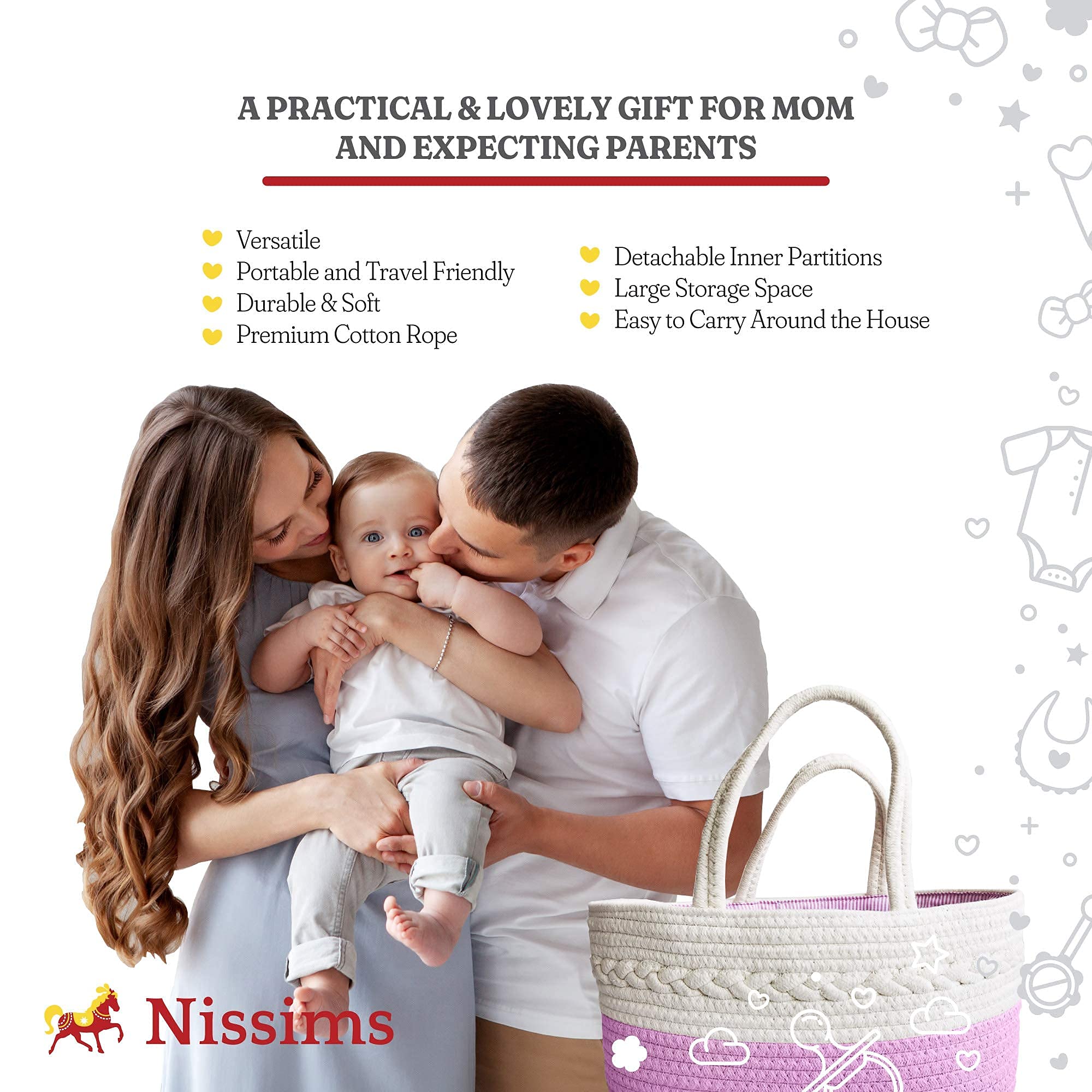Baby Diaper Caddy Organizer Basket for Changing Table - Large Compact and Portable Woven Cotton Rope and Canvas Nursery Basket with 3 Divisions - Unisex Stylish GrayWhite - 14x8.5x7 Inches
