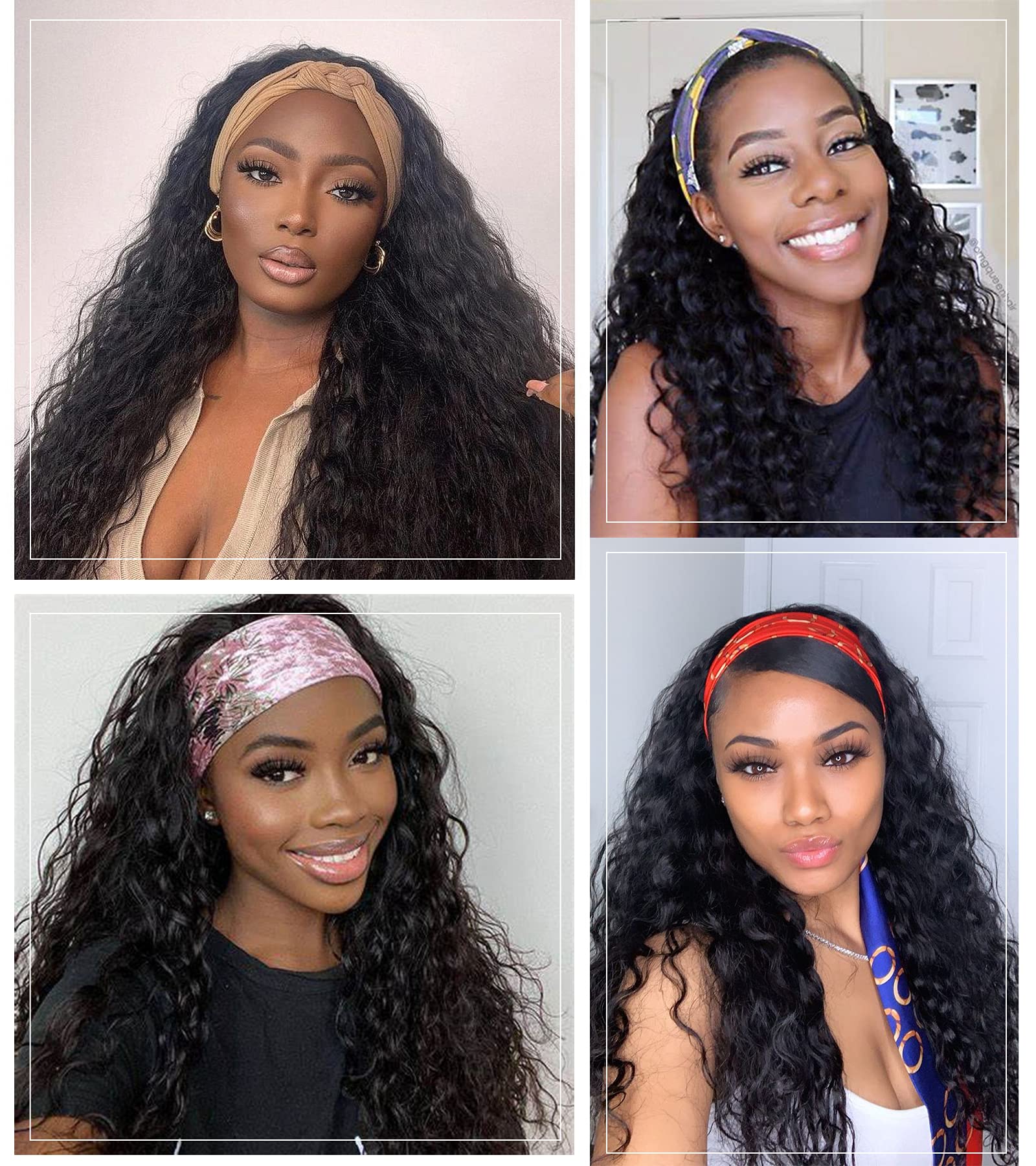 Alicoco Headband Wig Curly Headband Wigs for Women 180% Density Water Wave Glueless Wig Synthetic half Wig with Headbands Attached (26 Inch, 1B)