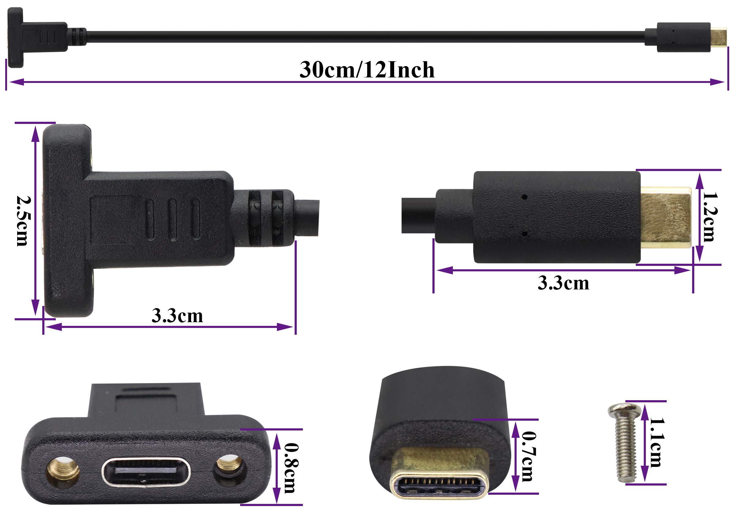 AAOTOKK USB Type C 3.1Panel Mount Adapter Cable USB-C 3.1 Gen2 10Gbps Male to USB C Female Panel Mount Screw Cable,Supports Charging,Data,Audio,Video Cable for Laptop,Tablet,Mobile Phone(0.3M/1ft)