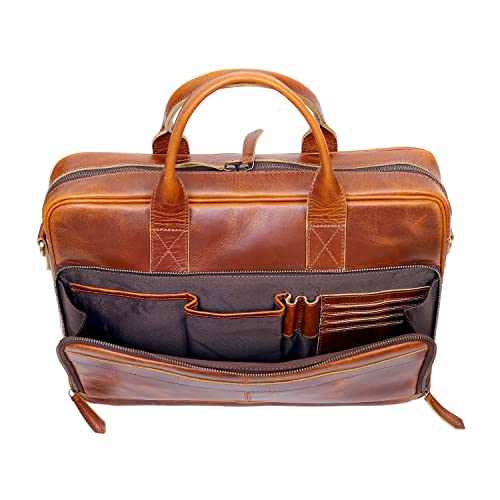 17 Inch Vintage Handmade Leather Travel Messenger Office Crossbody Bag Laptop Briefcase Computer College Satchel Bag (Tan Brown)