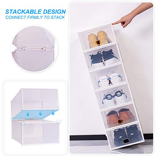 DHMAKER 6 pack Stackable Shoe Box, Thicken Foldable Clear Shoe Organizer, update Reinforced Design, Most Sturdy Shoe Storage Boxes - white
