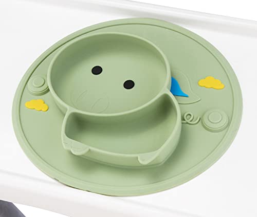 Baby Divided Plate Placemat Silicone- Portable Non Slip Child Feeding Suction Plate for Children Babies and Kids BPA Free Baby Dinner Plate Microwave Dishwasher Safe (Endive)