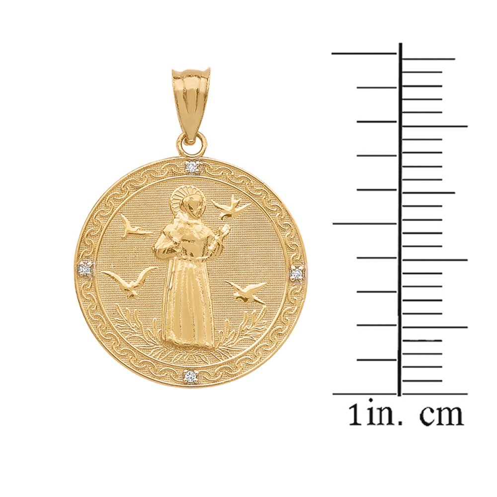 10k Gold Saint Francis Of Assisi Diamond Round Medal Charm Pendant (Small)