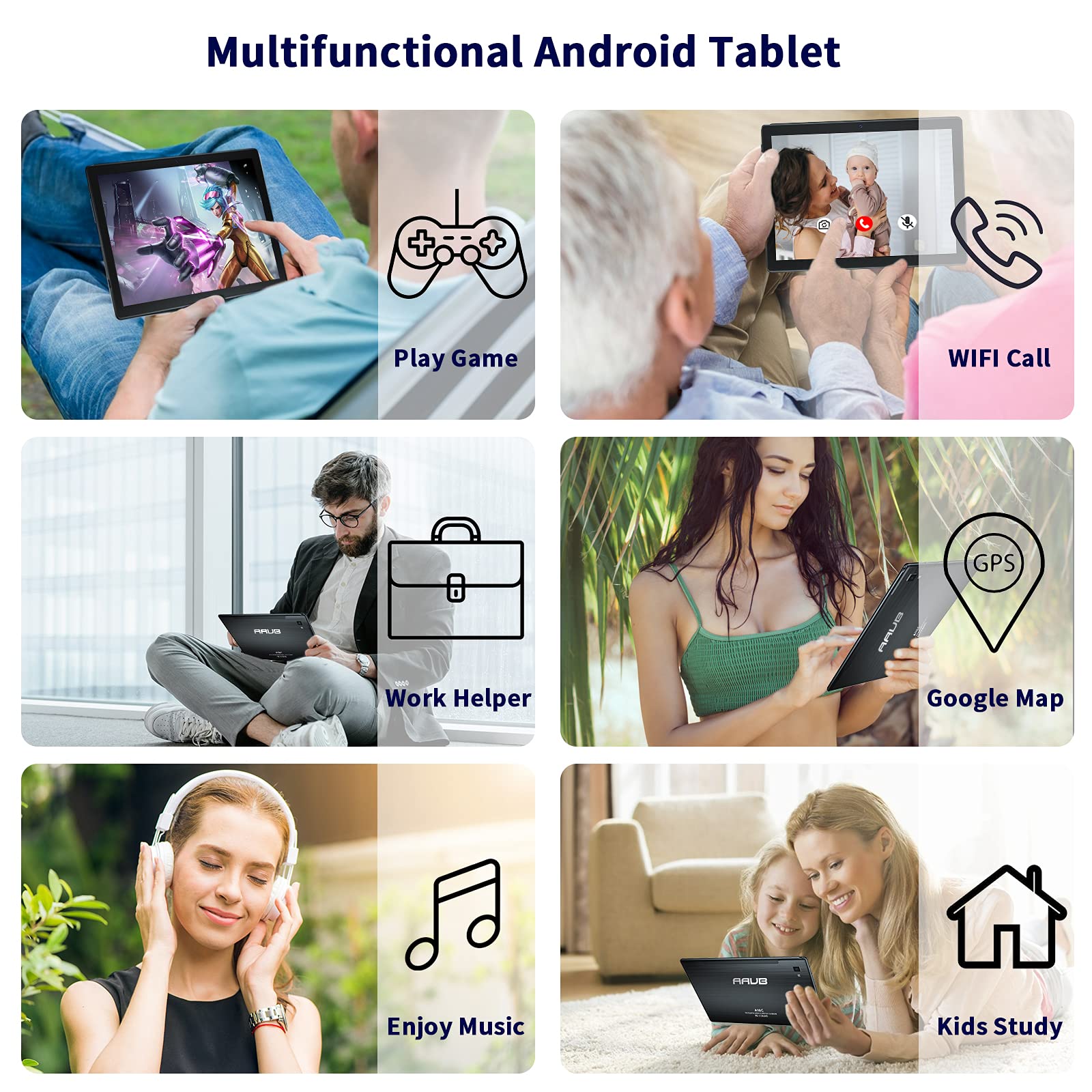AAUB Tablet 10.1 inch Android Tablets 10 OS, Octa-Core Largest Tablet, HD Display, 32GB Big Storage Smart PC, 5MP+13MP Dual Cameras, 5G WiFi Bluetooth 5.0 GPS for Kids Seniors Tablet Computer