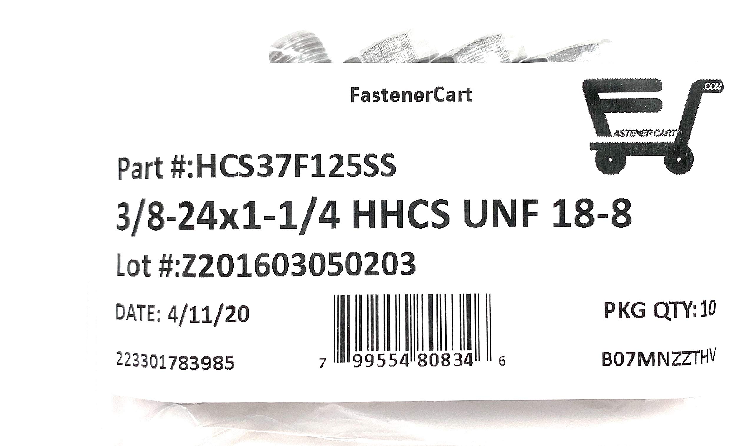 3/8-24x1-1/4 Stainless Steel Hex Cap Screws FT Hex Bolts 18-8 (UNF) FINE Thread (10 pcs)