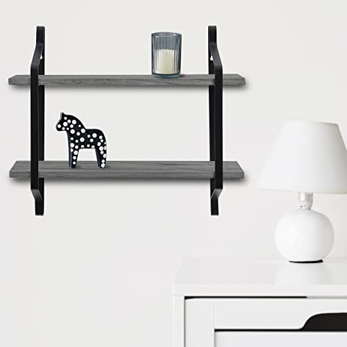 Halter Floating Shelves, 2 Tier Wall Mounted Shelves, Heavy Duty Brackets, Industrial Wood, Mounted, Above Toilet Bathroom Shelves, Bathroom Hanging Shelves with Curved Brackets, Medium, Grey Wood