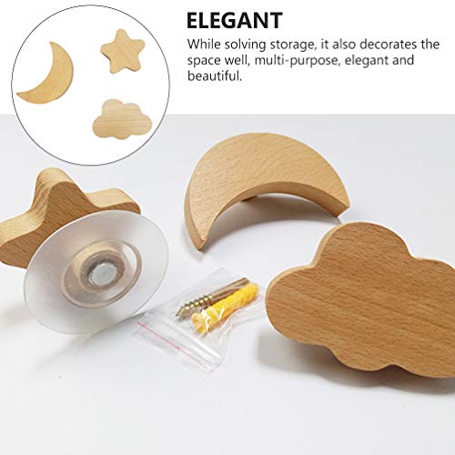 Garneck 3Pcs Wall Hooks Hat Hooks Wooden Coat Hangers Star Moon Cloud Wall Hook Kids Room Nursery Wall Decors