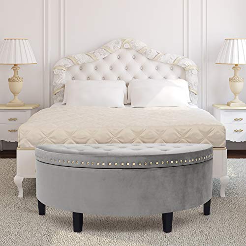 Homebeez 43.5" Half Moon Storage Ottoman Bench, Lift Top Velvet Storage Ottoman Bench for Bedroom Living Room(Light Gray)